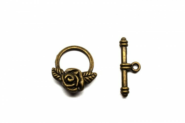 Замок тогл Роза с листьями 19х16х6мм/23х7х3мм, отверстие 2 и 1,5мм, цвет античная бронза, сплав металлов, 12-016, 1 комплект