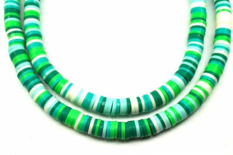 Бусины каучуковые плоские круглые 6х1мм, отверстие 1,8мм, зеленый микс, 524-021, 1 нить (около 40 см, около 310шт)