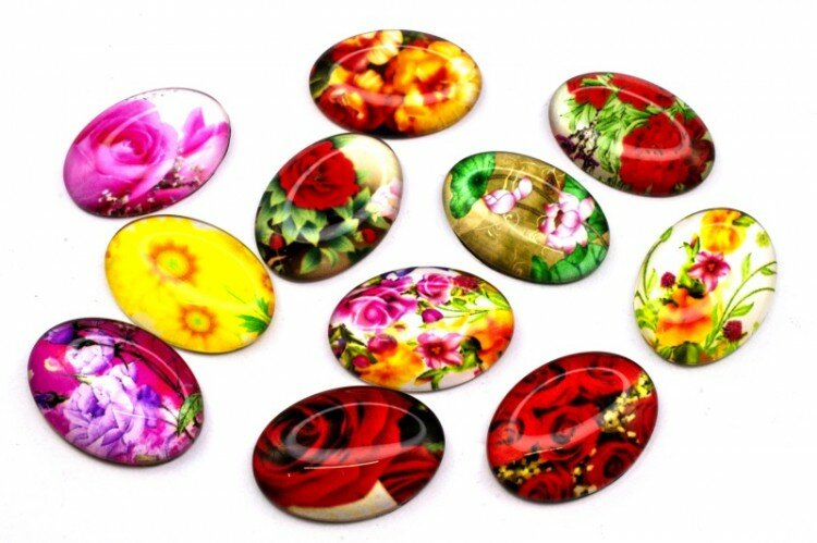 Кабошон стеклянный овальный с принтом Цветы 25х18х5мм, микс разноцветный, 2001-007, 1шт