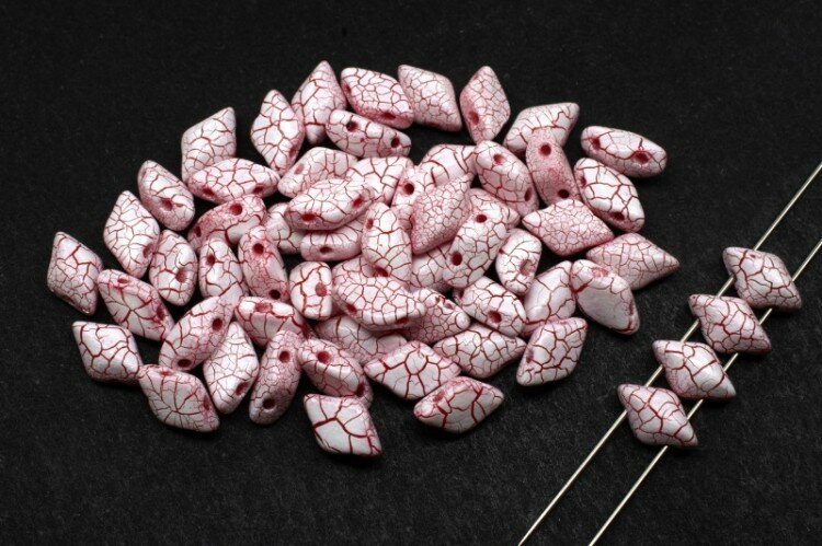 Бусины GemDuo 8х5мм, отверстие 0,8мм, цвет 02010/24602 белый/красный кракле, 709-172, 10г (около 64шт)