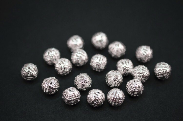 Бусина металлическая ажурная, диаметр 8мм, отверстие 0,8мм, цвет серебро, латунь, 504-011, 10шт