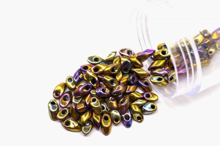 Бисер японский MIYUKI Long Magatama #0188 пурпурный/золотистый ирис, металлизированный, 10 грамм