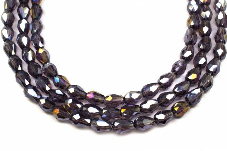 Бусина стеклянная граненая Капля 7х6мм, цвет фиолетовый, гальваническое покрытие, 503-043, 1 нить (около 47см, около 65шт)