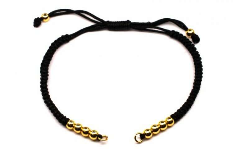 Основа для браслета Шнур 14-24см, толщина 4х3мм, шарик 4мм, цвет черный/золото, нейлон/латунь, 16-110, 1шт