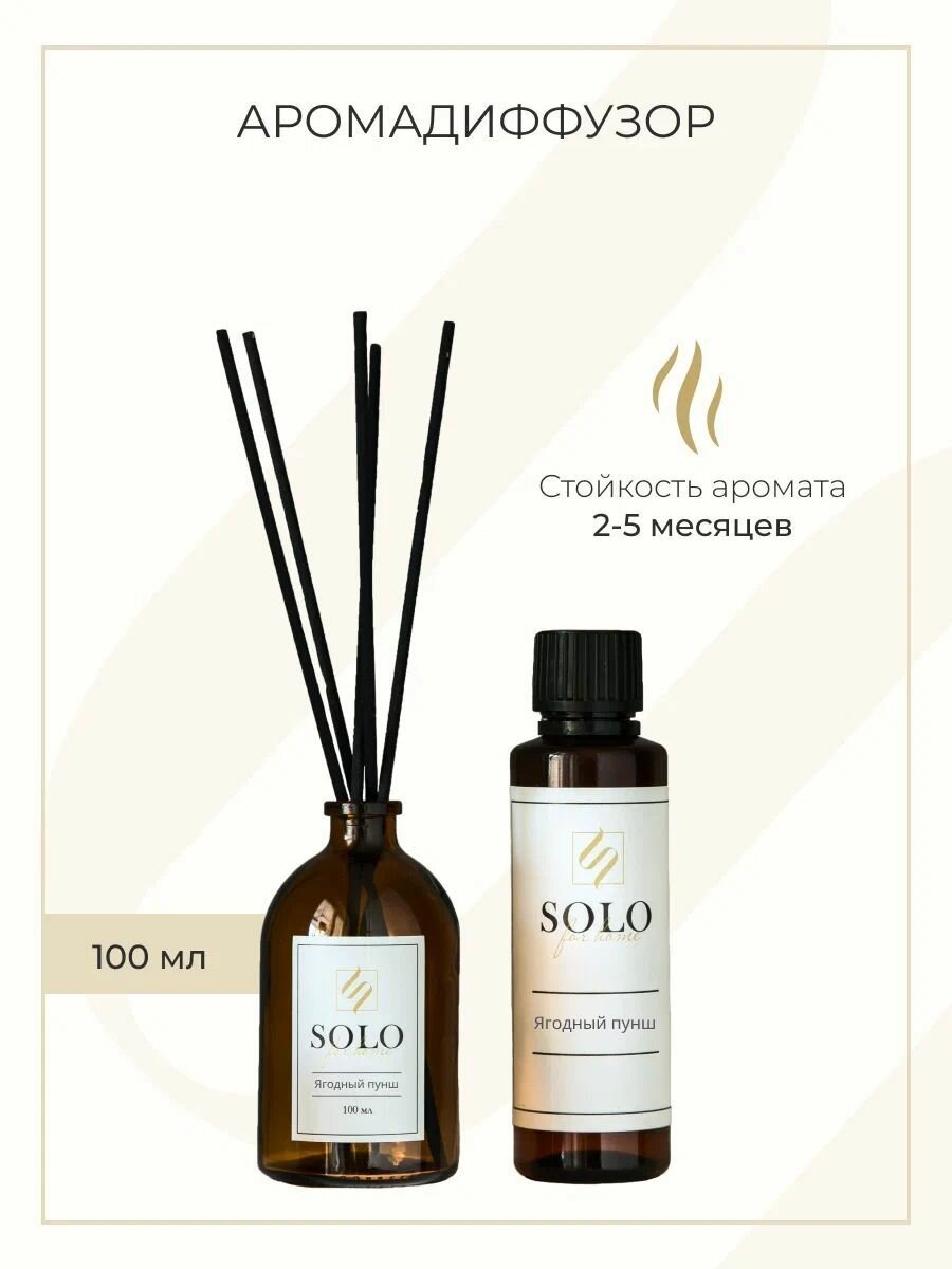Диффузор ароматический с палочками SOLO "Ягодный пунш", 125 мл / подарочный набор с аромадиффузором / парфюм для дома