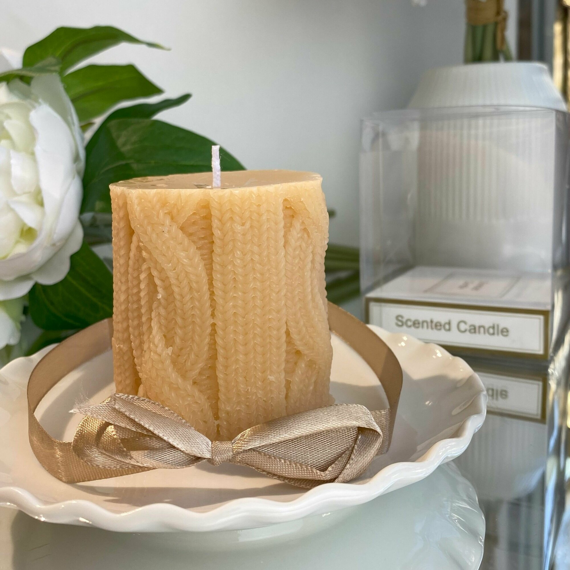 Cвеча цветная узор вязка 7,5 см, цвет бежевый