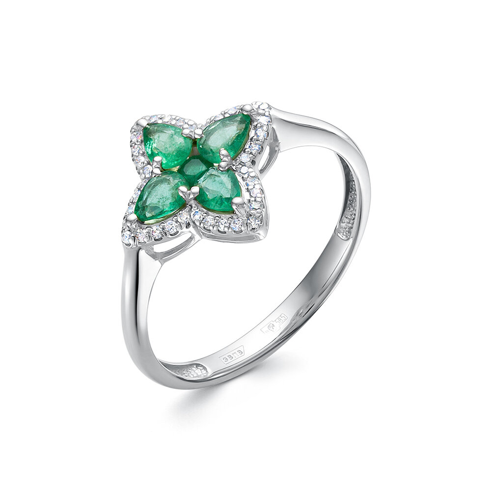 Кольцо, белое золото, 585 проба, родирование, изумруд