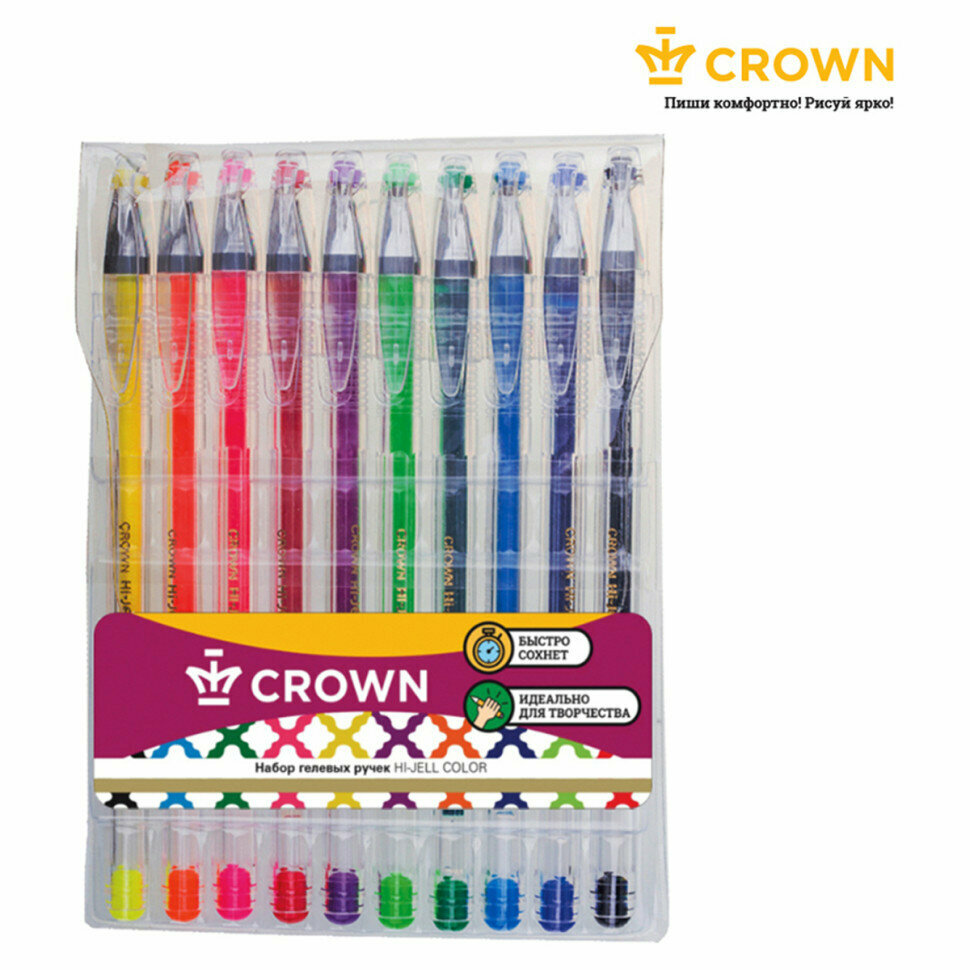 Набор гелевых ручек Crown "Hi-Jell Color" 10шт, 10цв, ПВХ уп, европодвес, 001991