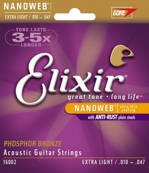 Elixir 16002 NanoWeb Phosphor Bronze - струны для акустической гитары 10-47