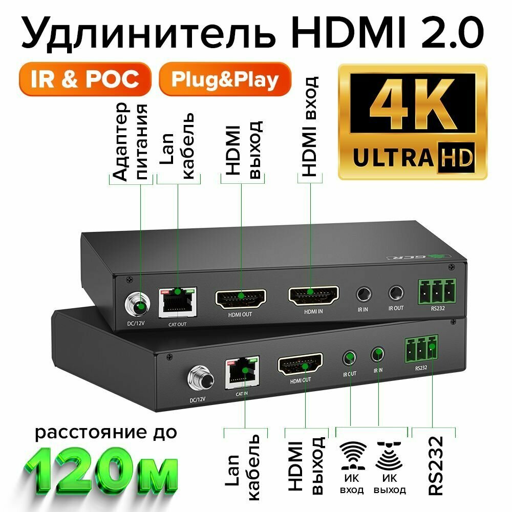 Удлинитель HDMI 2.0 по витой паре GCR для передачи цифрового и аудио сигнала 4K до 120М передатчик + приемник поддержка IR & POC RS232 черный