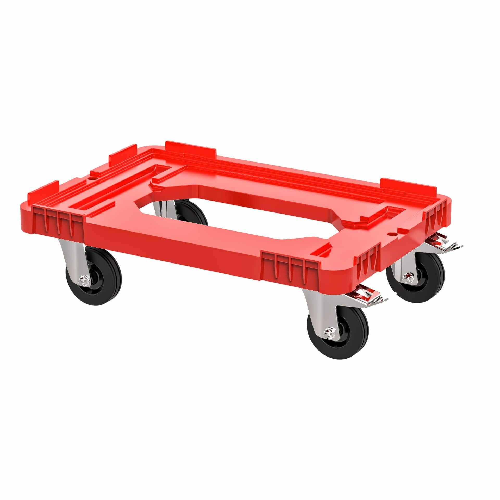 Тележка пластиковая с отверстием с тормозами на двух колесах красная, 620х420 мм