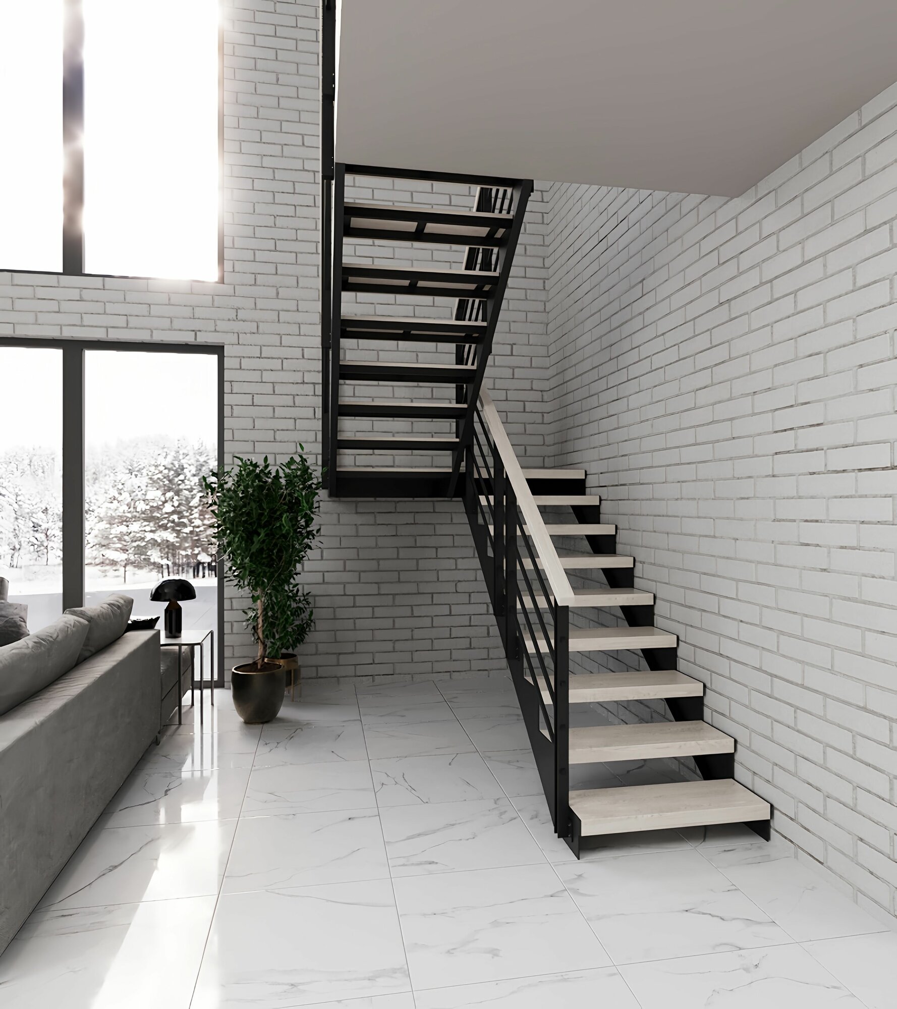 Лестница в дом 90 см, 19 ступеней и площадка ,180 градусов , ширина 900мм