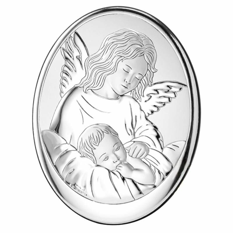 Ангел Хранитель. Серебряная миниатюра на крещение ребенка. 10 х 13 см (10 х 13,5 см / В серебряном окладе)