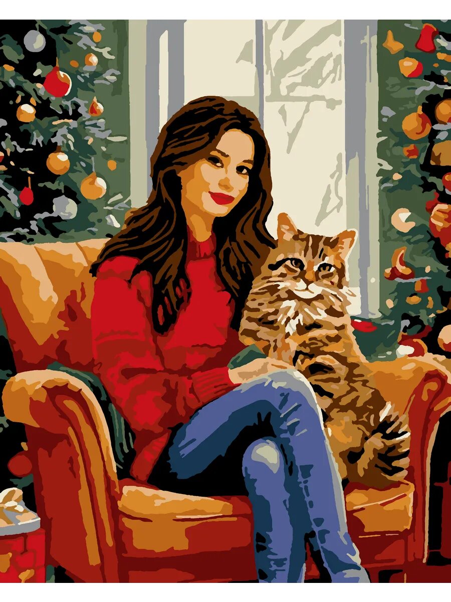 Картина по номерам PinkVanila "Девушка и Кот", холст, на подрамнике, 40 см x 50 см