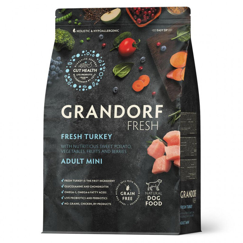 Сухой беззерновой корм Grandorf Fresh с живыми пробиотиками для собак мелких пород со свежим мясом индейки и бататом, 1 кг