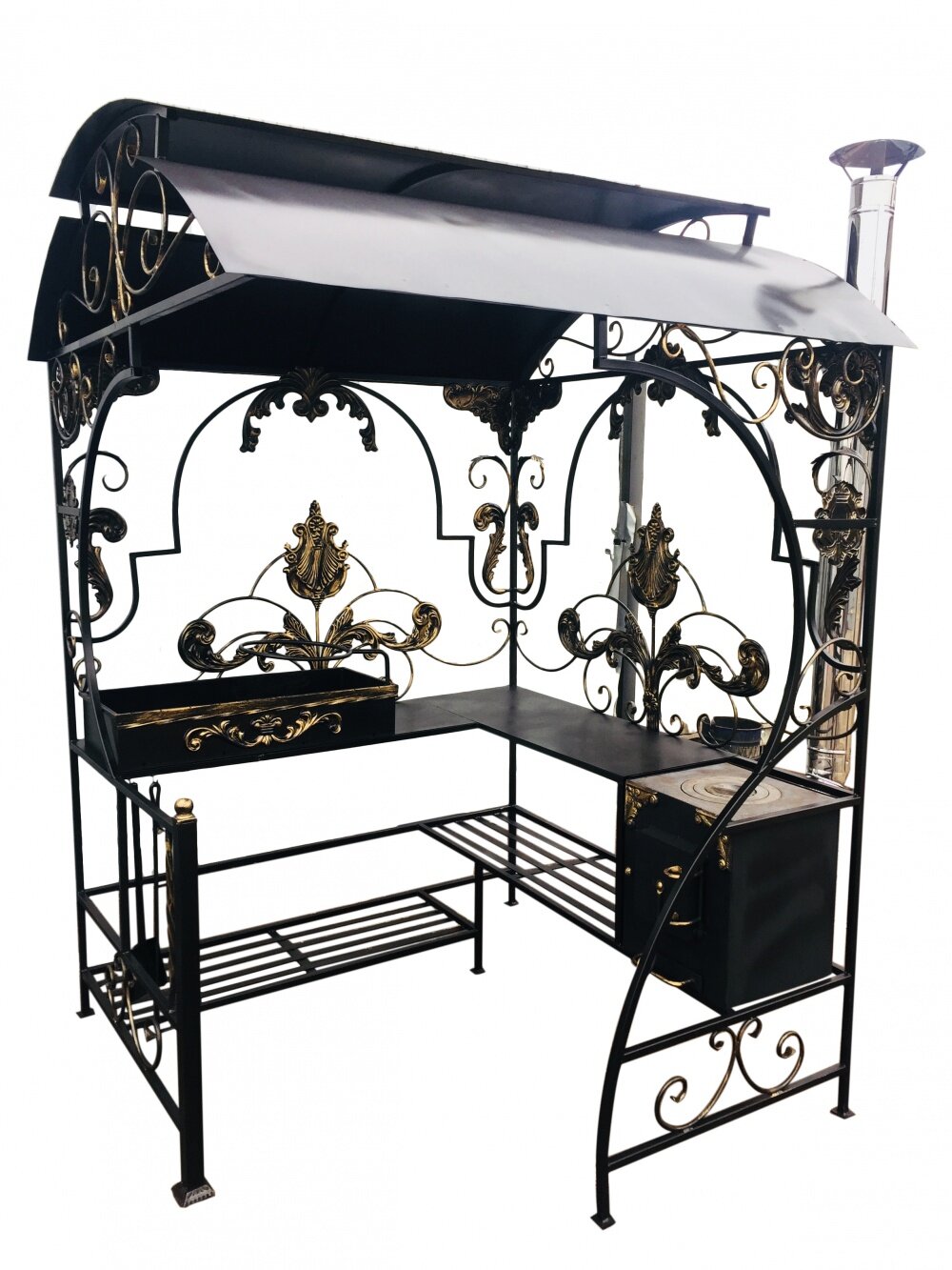 Мангал-беседка Август Gold с печью, стационарный, 154 * 154 * 240 см