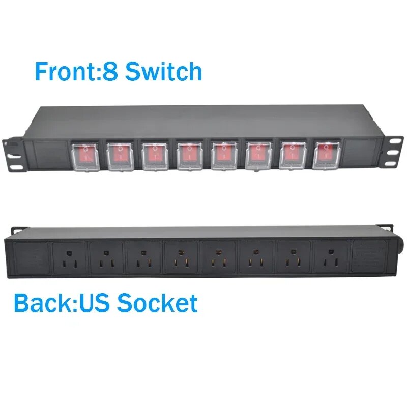 PDU 8 US Socket Switch, 2m C14 Wire, Черный