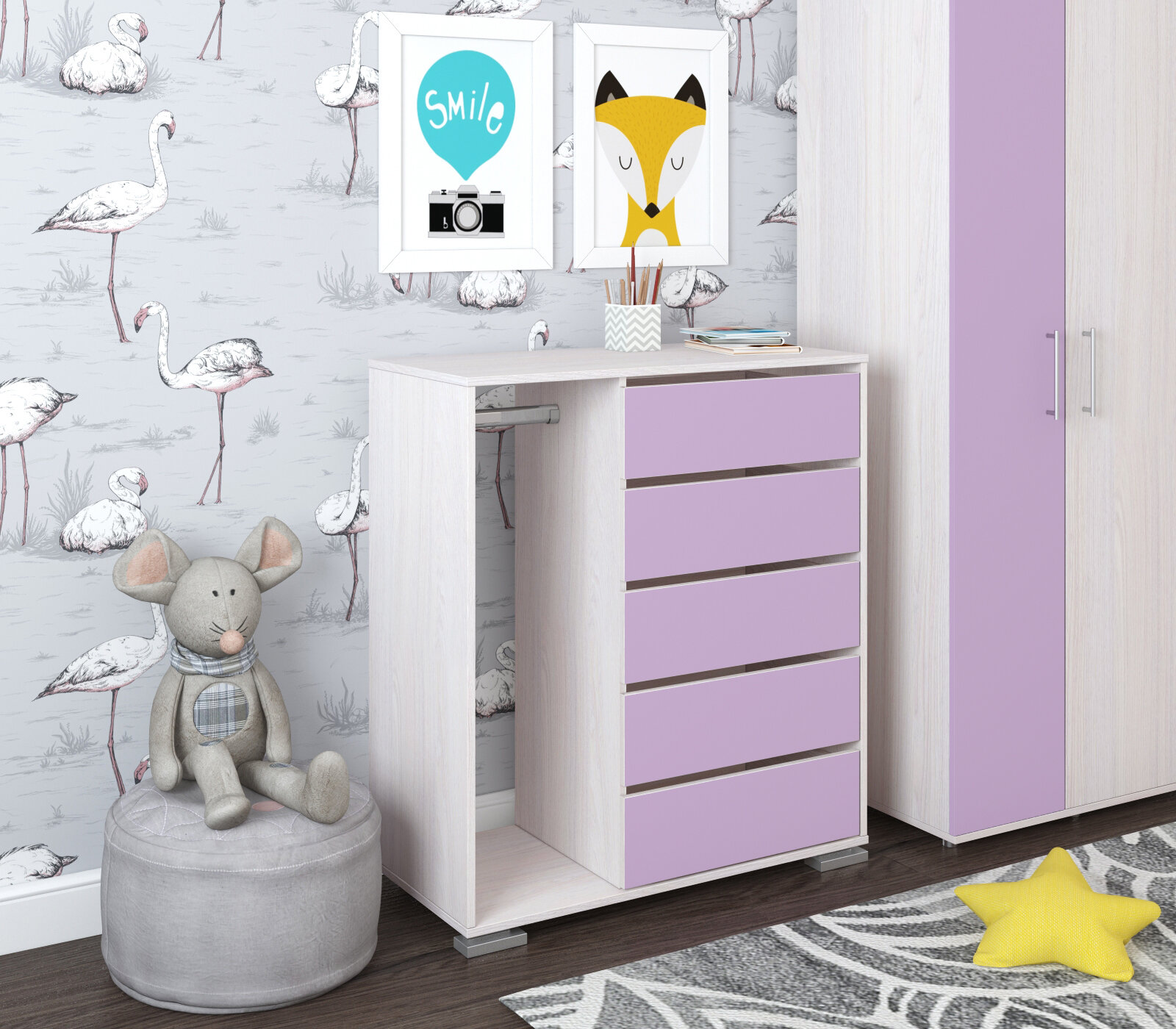 Шкаф, комод, шкаф-комод с ящиками, со штангой Есэндвич Лаворо, 90x43х102 см, правый (Анкор белый/Ирис)