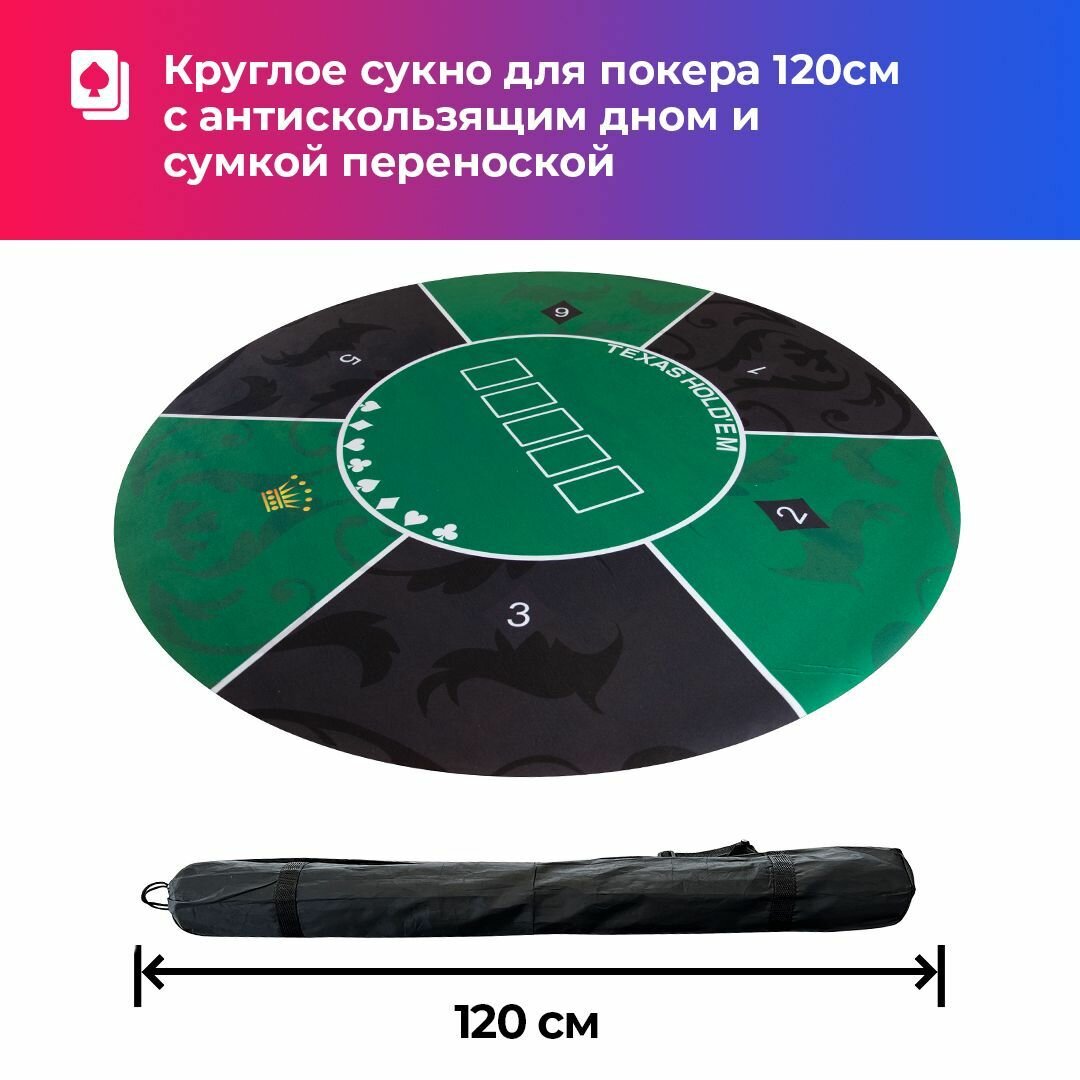 Круглое зеленое сукно универсального размера 120 см диаметром с антискользящим дном для игры в покер и другие карточные игры, свернуто в рулон в водонепроницаемой сумке