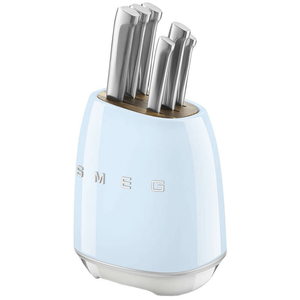 SMEG KBSF02PB: Набор ножей 6 предметов + подставка, пастельный голубой, сталь, сантоку, шеф-нож, ретро 50-х, для кухни