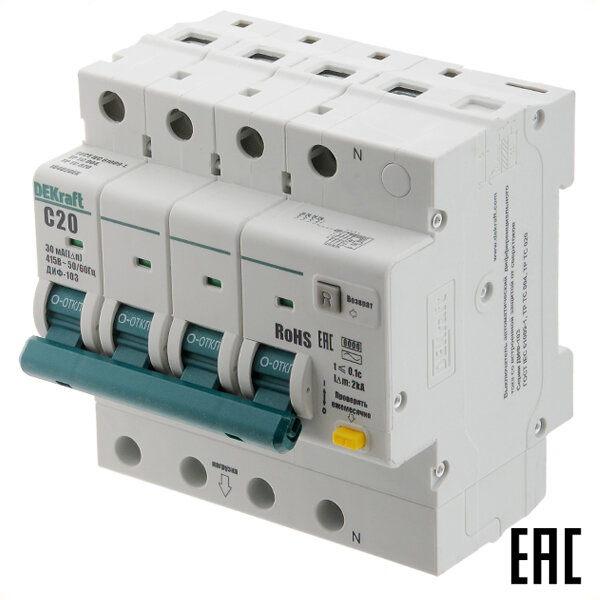Дифф. автомат ДИФ103 16402DEK тип АС 20А-30мА 400В 3P+N 5мод. 6,0кА х-ка С DEKraft