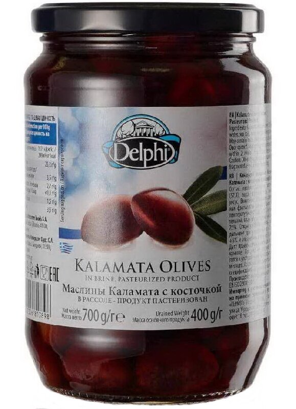 Маслины DELPHI Каламата с косточкой в рассоле /стекло/ 700г