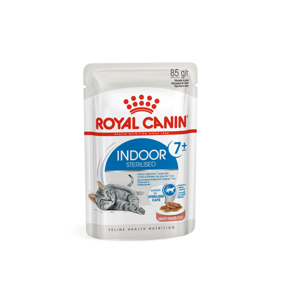 Royal Canin Корм Индор Стерилайзд 7+ консервированный полнорационный для кошек старше 7 лет, живущих в помещении, кусочки в соусе, 0.085 кг