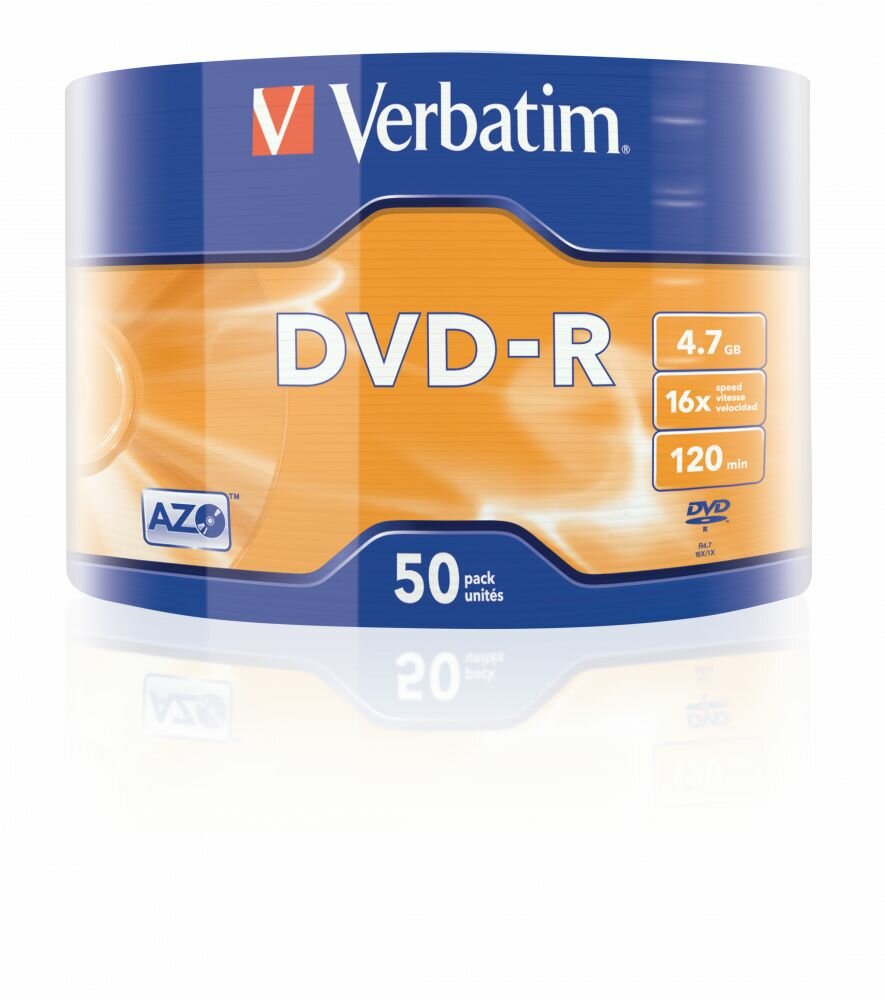 Оптические диски Verbatim DVD-R 4.7 ГБ 16X AZO серебристый матовый 50 шт. в пленке