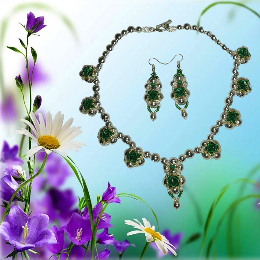 Комплект бижутерии: серьги, колье, бисер, жемчуг имитация