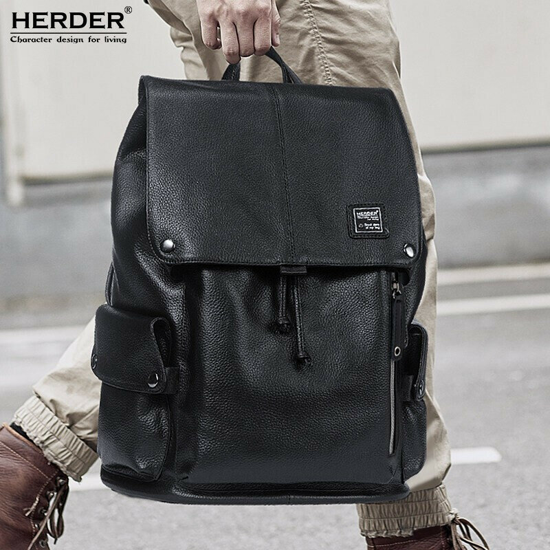 Рюкзак herder, Backpack Top-Grain Leather Business Large Capacity Trendy Ca, большая вместимость, для путешествий, многофункциональный, городской, повседневный, школьный, деловой, кожаный, для мужчин, черный