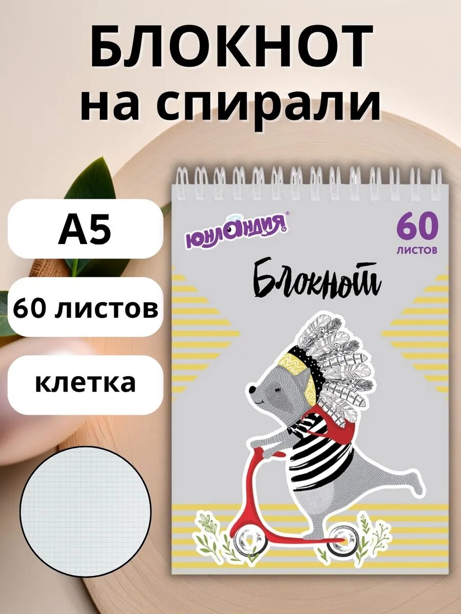 Блокнот Юнландия "Мышонок на самокате", для записей, спираль, в клетку, формат А5, 60 листов
