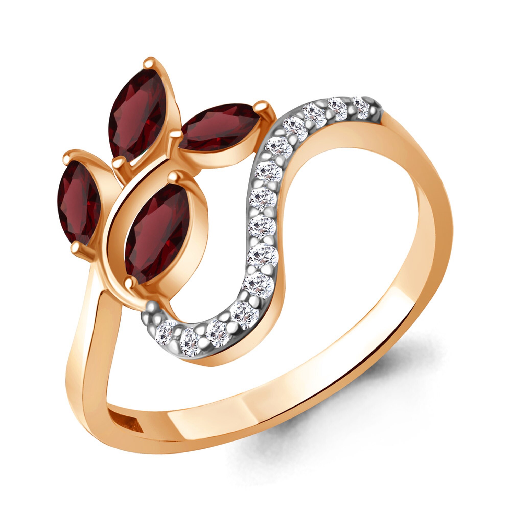 Кольцо, серебро, 925 проба, золочение, фианит, гранат