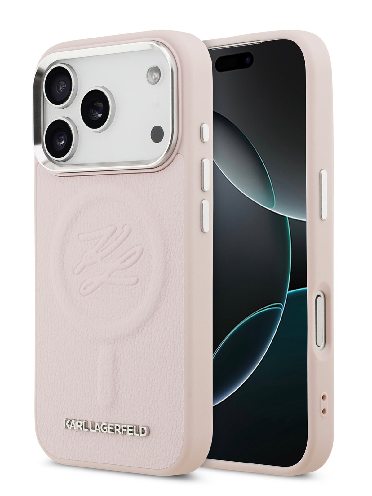 Karl Lagerfeld чехол с MagSafe для iPhone 17 Pro Max, PU кожа с тисненными инициалами, розовый