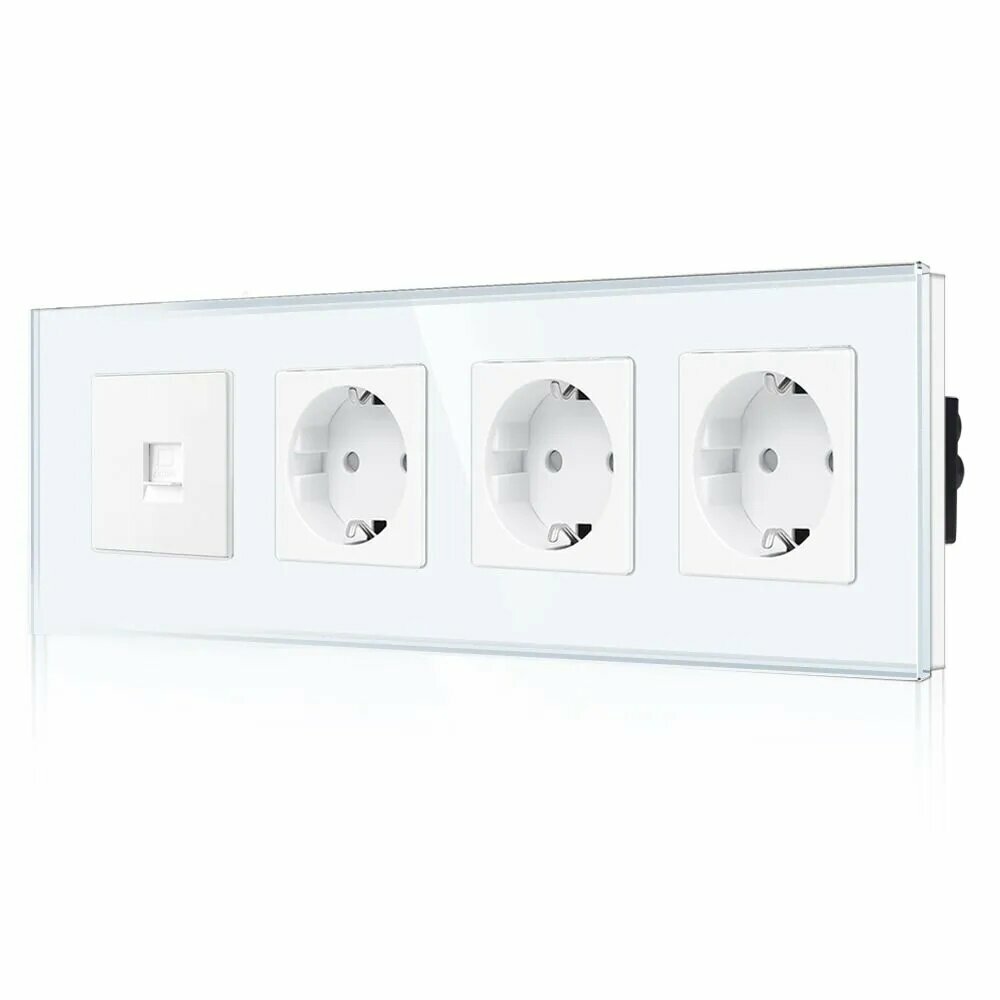 Розетка электрическая 4 поста 220В +Розетка RJ-45 CAT6 Ethernet Белый Стекло