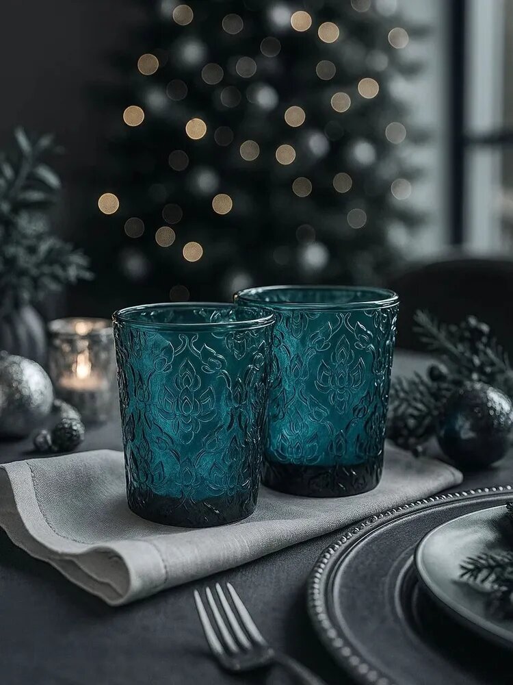 Набор цветных стаканов, голубых низких 2 шт, 340 мл, с рисунком. Коробка подходит для подарка. Упрочненное стекло.