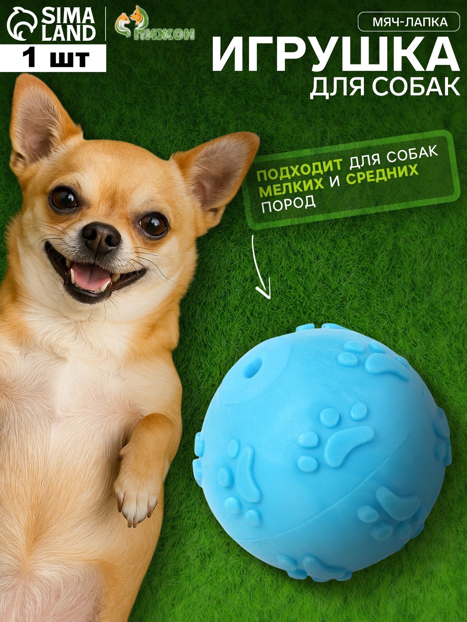 Игрушка Пижон "Мяч лапка", для животных, TPR, синий, 6 см, синий, 1 шт