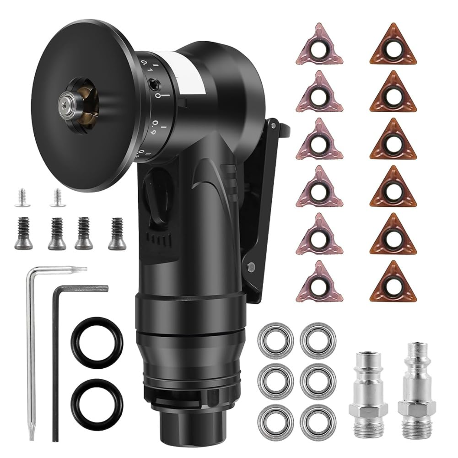 Пневматический инструмент для фаски, 45°, металлический станок для дебарирования и фаски, набор инструмента для фаски ребер, 1 черный пневматический станок для фаски, 2 винта для фиксации подшипников, 4 винта для фиксации лезвий, 6 лезвий с углом C, 6