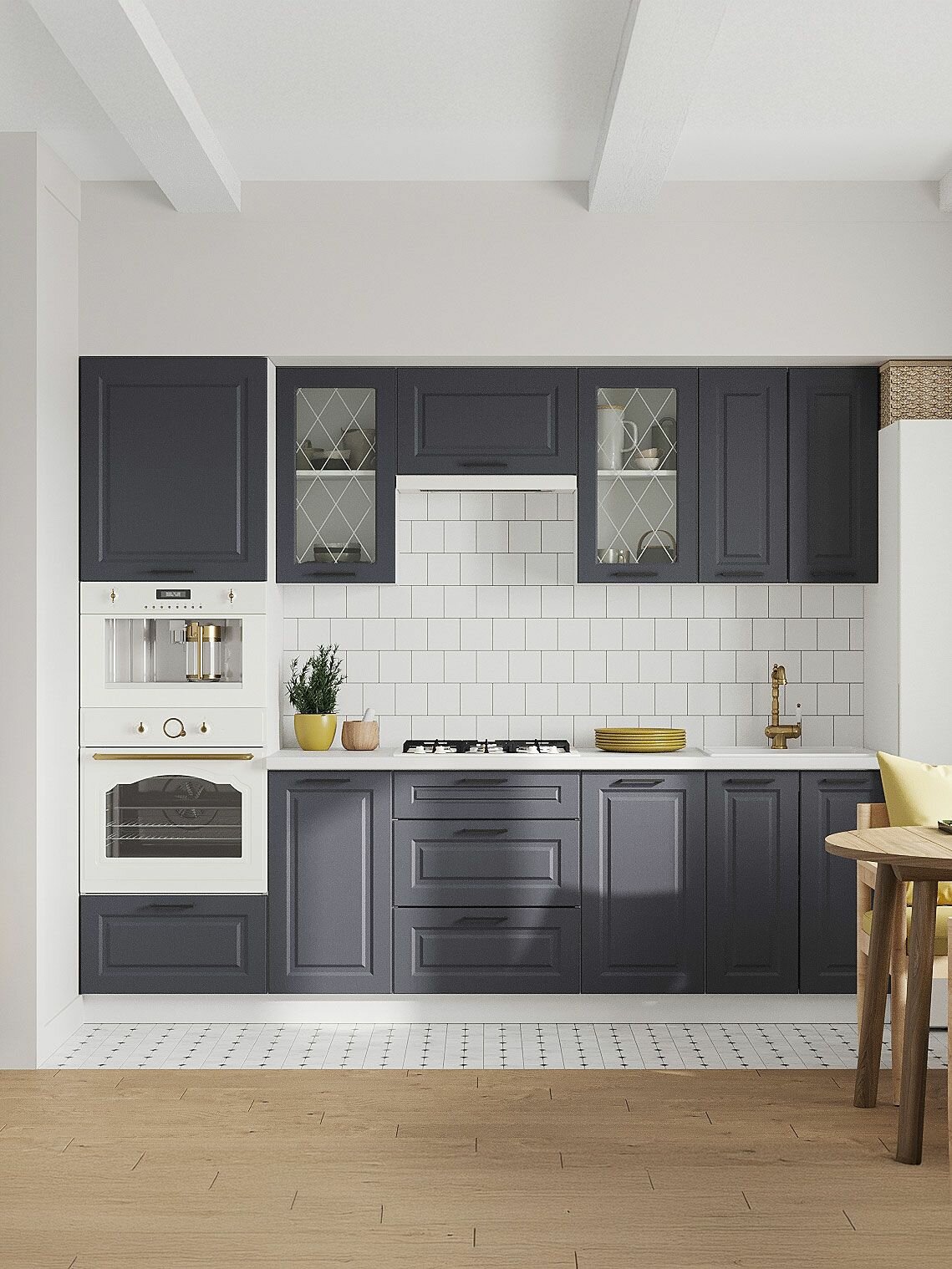 Кухонный гарнитур Шервуд 2.6 м, мебель для дома и кухни, Белый / Шато индиго со стеклом