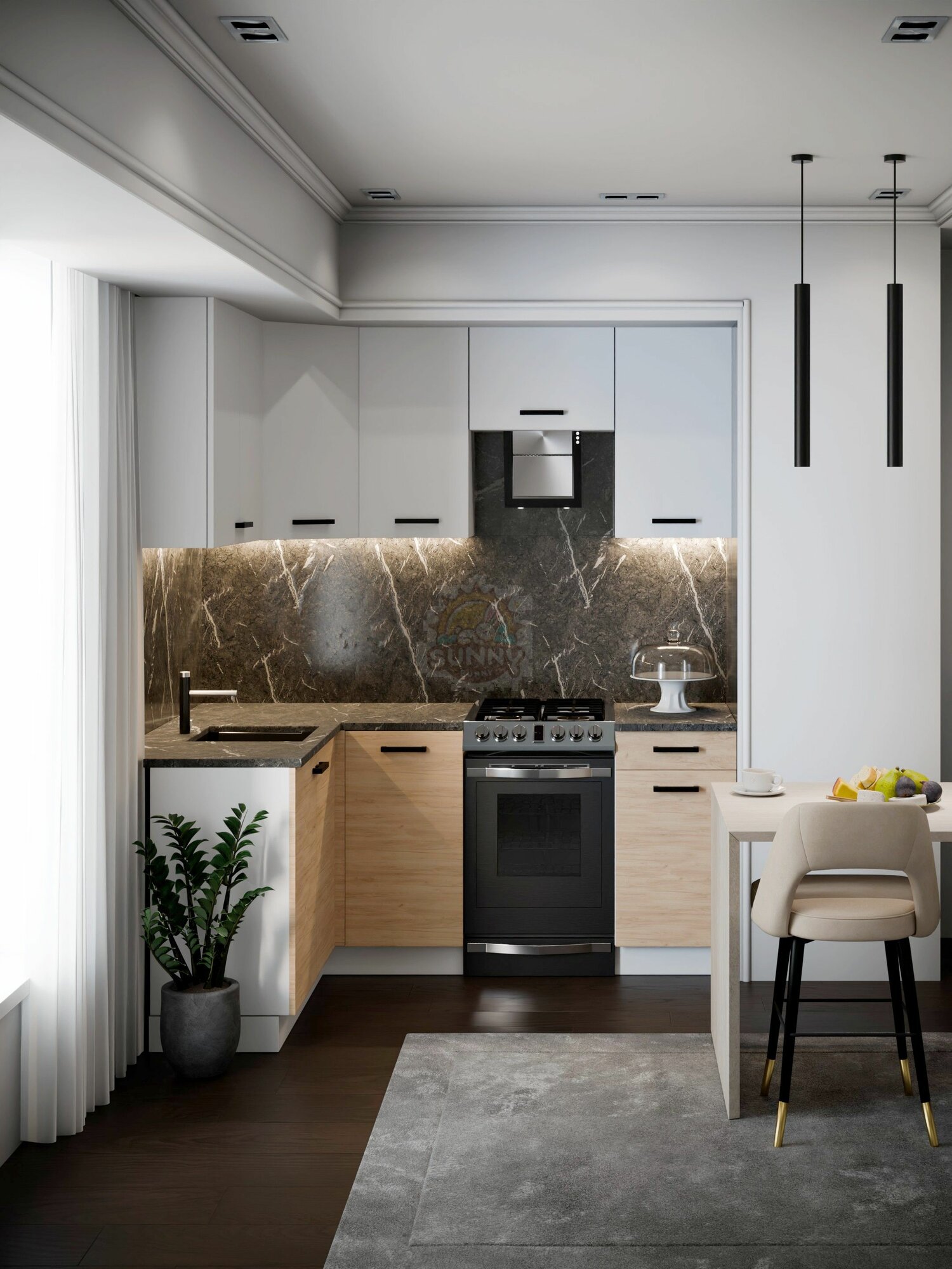 Кухня модульная угловая со столешницей Мария, 140см х 200см, Белый гладкий/Дуб Вотан ЛДСП, 180х200х60 см, столеш-а 60 см