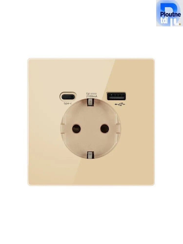 Стеклянная настенная розетка Schuko тип 86 16А с портом USB Type-C, евростандарт, скрытый монтаж, ультратонкая панель, латунные контакты, настенная электророзетка для дома