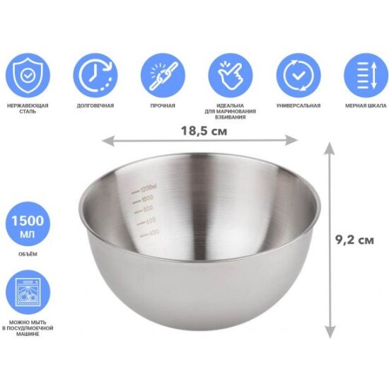 Perfecto Linea Миска для взбивания из нерж. стали, диаметр 18.5 см, с мерной шкалой, серия CHEF, (18.5х9.2см, 1500 мл) (24-018592)