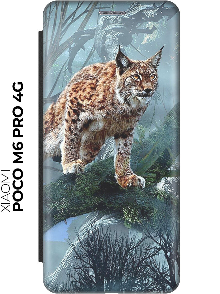 Чехол-книжка на Xiaomi Redmi Note 13 Pro 4G / Poco M6 Pro 4G / Сяоми Редми Ноут 13 Про 4г / Поко М6 Про 4г с рисунком "Дикая рысь" черный