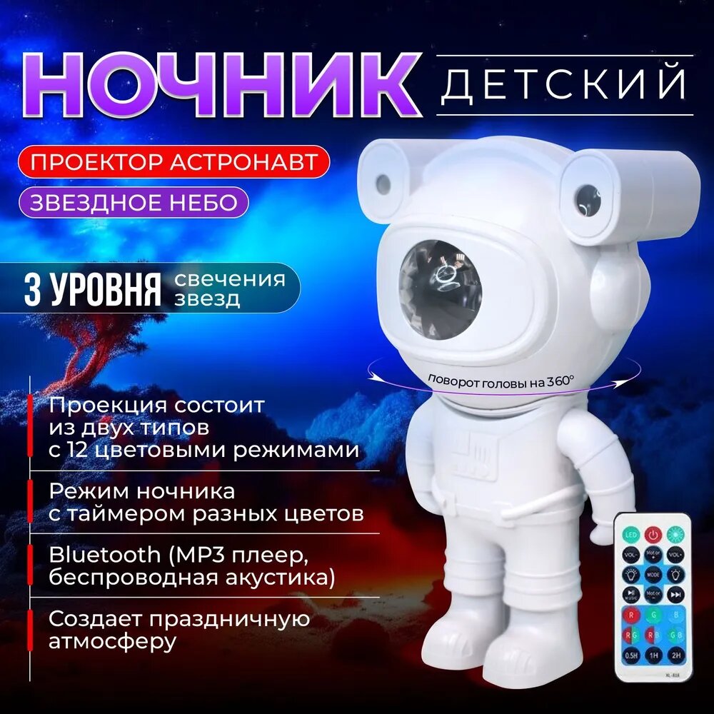 Проектор космонавт звездное небо детский с пультом, Домашний планетарий, Ночник проектор астронавт с Bluetooth колонкой