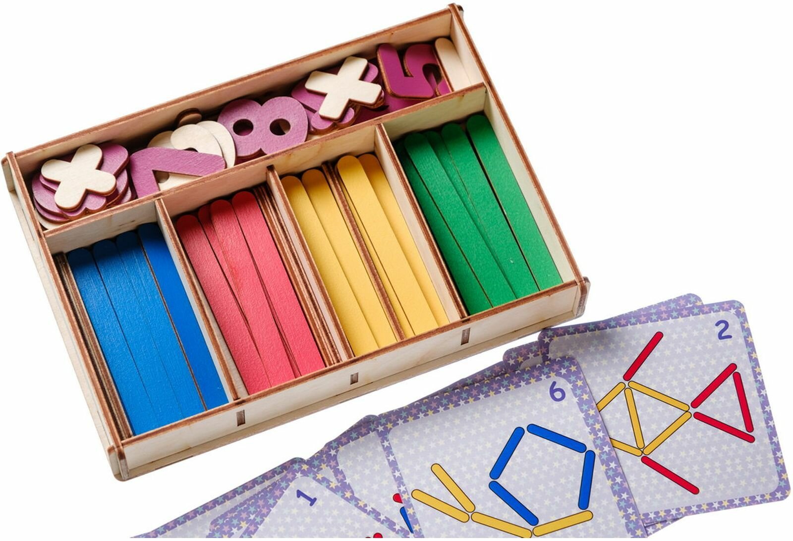 Дидактический счетный материал Smile Decor "Умные палочки", учимся считать, в наборе деревянные цифры, арифметические знаки и карточки-шаблоны, сложи по образцу