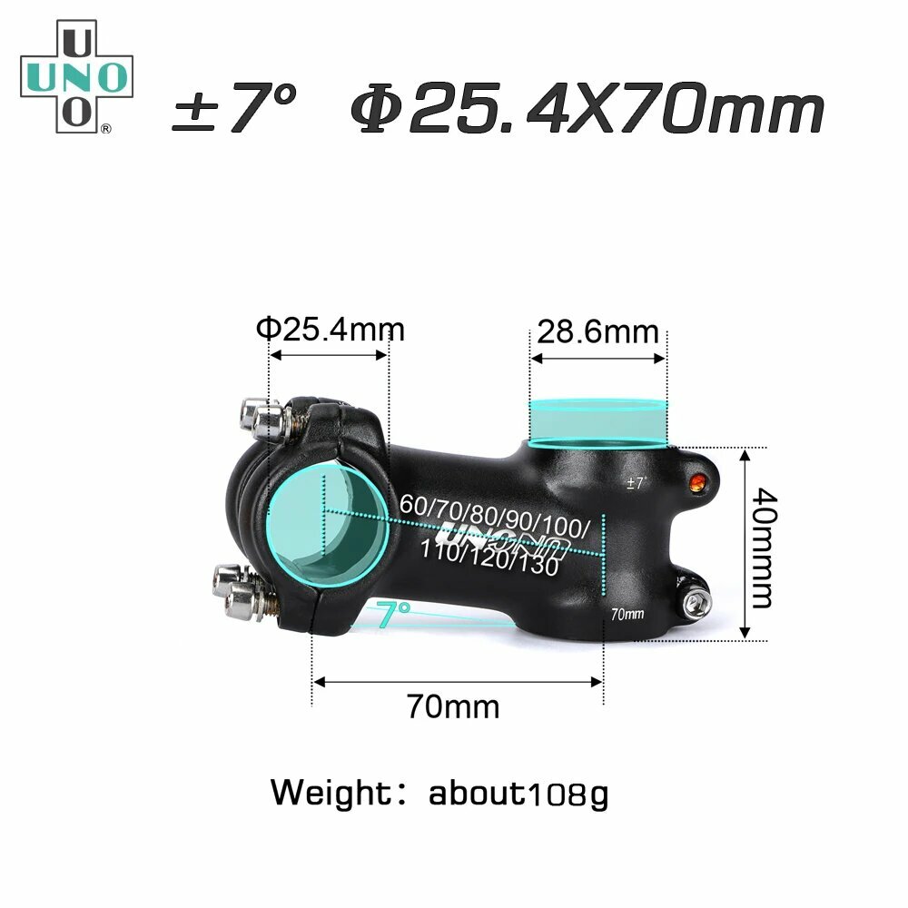 UNO 25,4 мм вынос руля MTB черный алюминий Бирюзовый, 25.4x70mm 7 stem