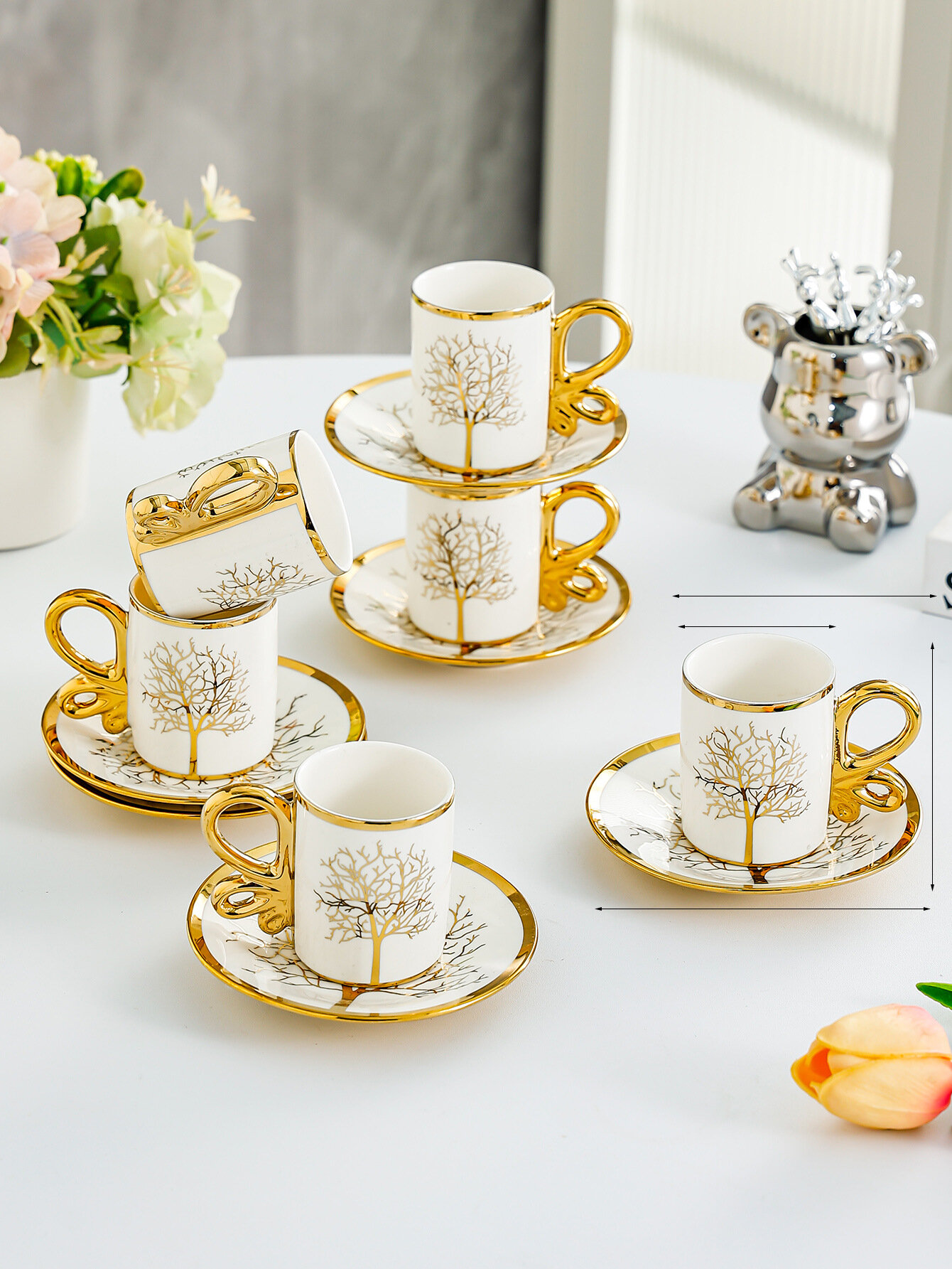 Премиальный кофейный сервиз с золотым деревом, 6 чашек+6 блюдец, золото/белый, электропликирование. Мояэкономка