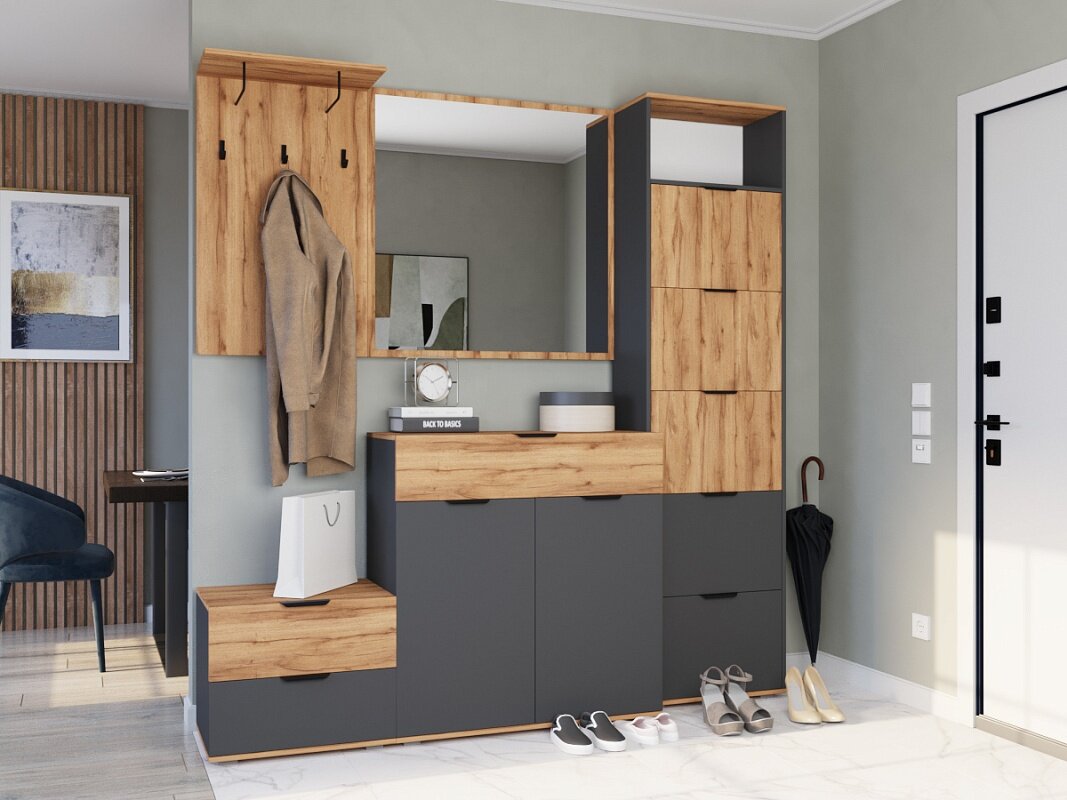 Прихожая МебельЛэнд24 Санти - 2 Графит 200x40x210 серый с тумбой с вешалкой с 1 зеркалом