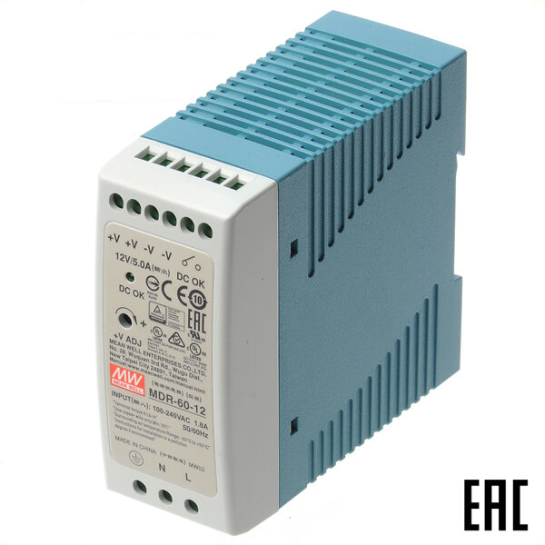 Блок питания MDR-60-12 1ф выход 12В постоянного тока 5,0А стабилизированный (Mean Well)