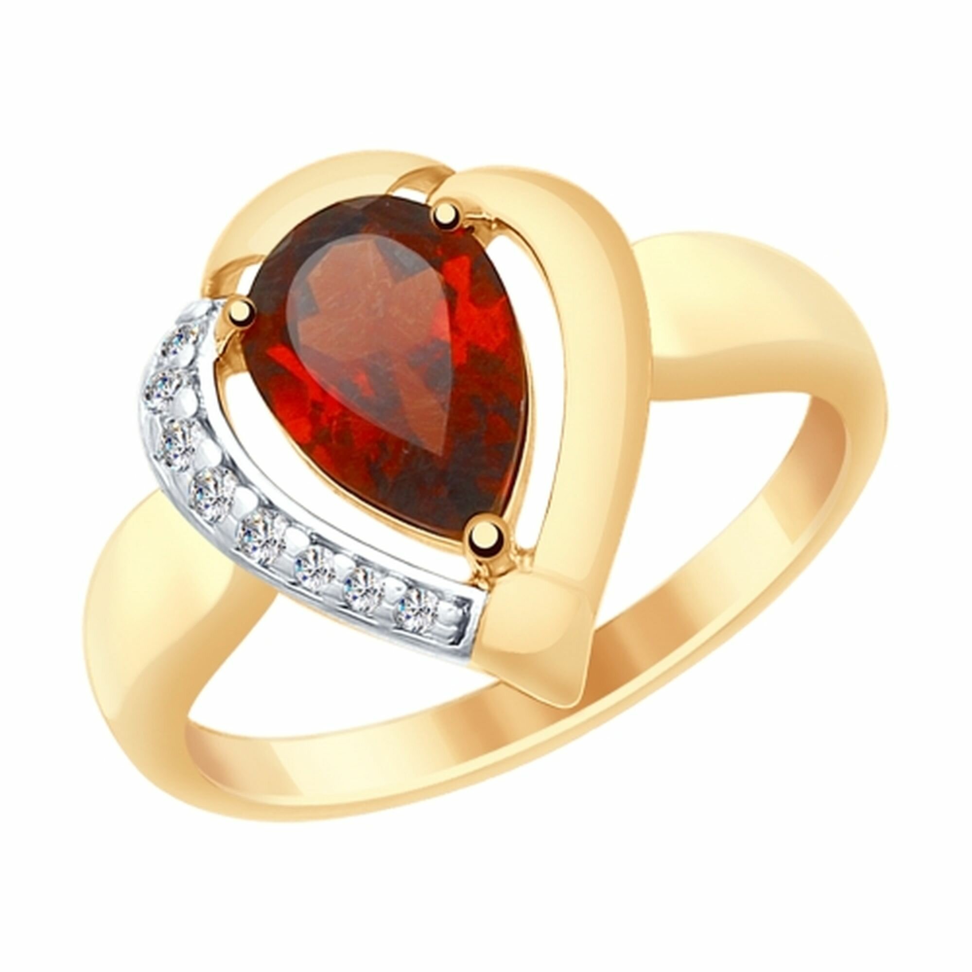 Кольцо, серебро, 925 проба, золочение, фианит, гранат