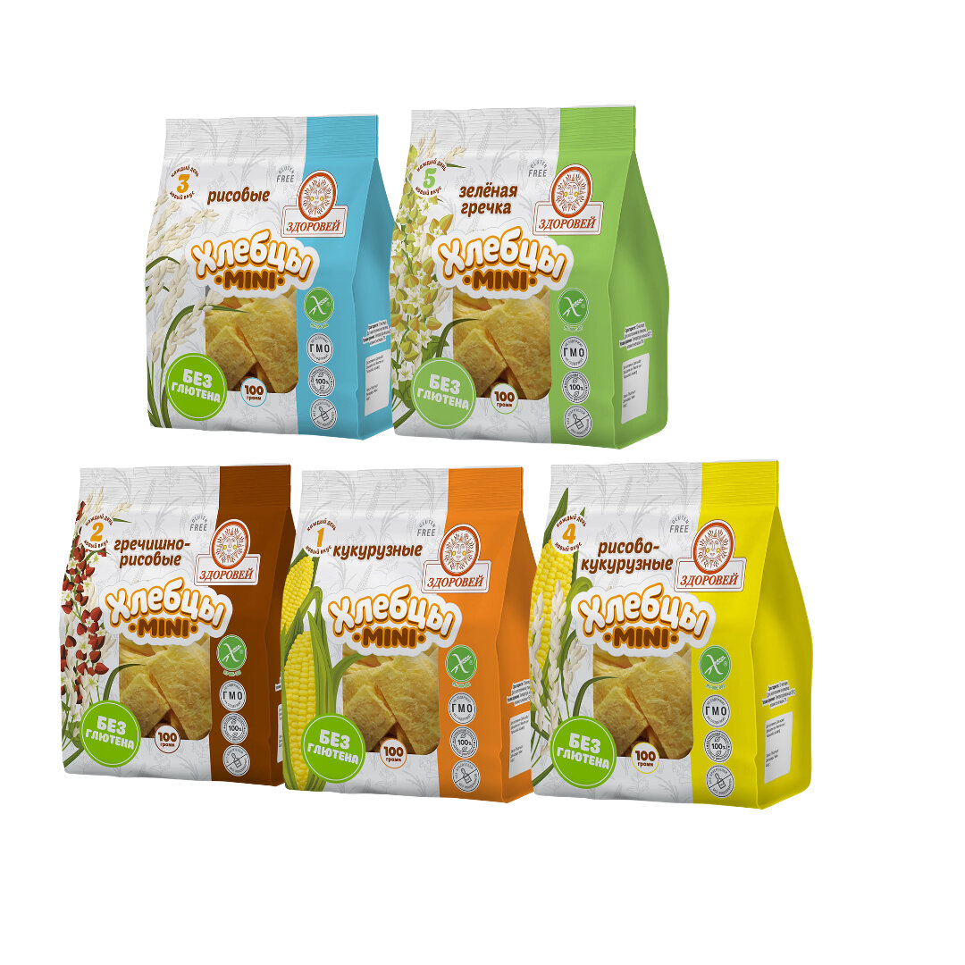 Хлебцы без глютена мини гречно-рисовые, кукурузные, рисово-кукурузные, рисовые, с зел. гречкой 100 гр, Комбинат ДДП 5 шт